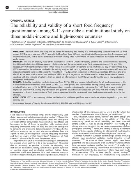 Pdf The Reliability And Validity Of A Short Food Frequency