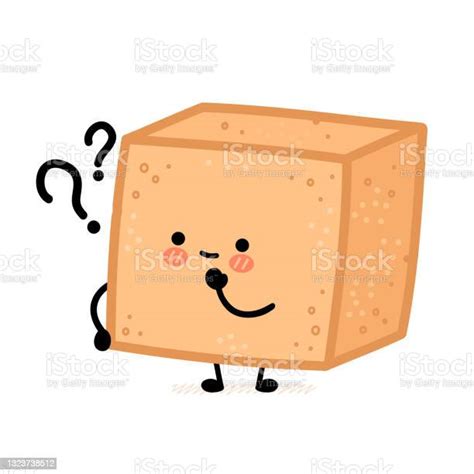 물음표가있는 귀여운 갈색 지팡이 설탕 큐브 캐릭터 벡터 플랫 라인 만화 가와이 캐릭터 일러스트 아이콘 흰색 배경에 격리 설탕 사탕수수 정제 큐브 캐릭터 컨셉 가공의 인물에