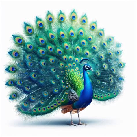 One Peacock Stands With Beautiful Feathers Isolated White Background