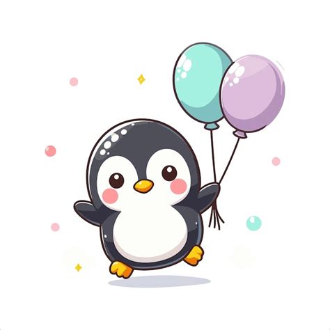 Lindo pingüino volando con globos ilustración vectorial de dibujos