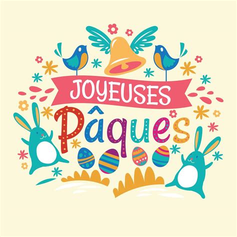 Happy Easter Or Joyeuses P Ques Typographical Background With Rabbit