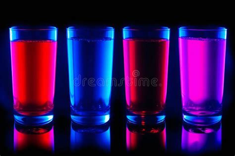 Vibrant Glow Colorful Liquid In Glasses Against Dark Background Stock