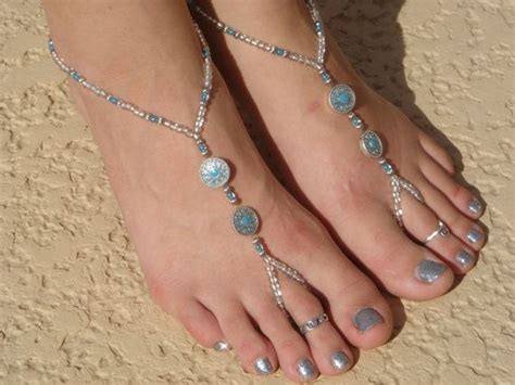 Silver And Turquoise Cross Barefoot Sandals Slave Anklet Foot Thong