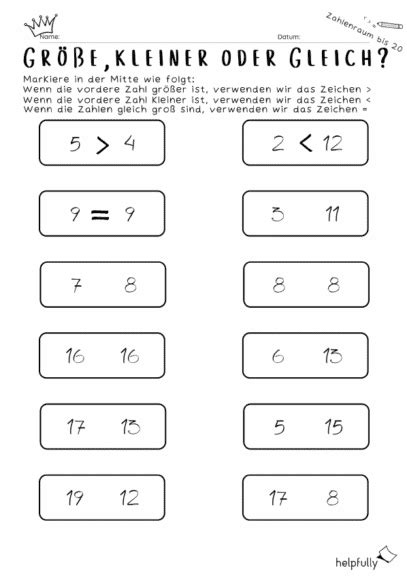Größer kleiner gleich Arbeitsblätter Mathe Klasse helpfully de