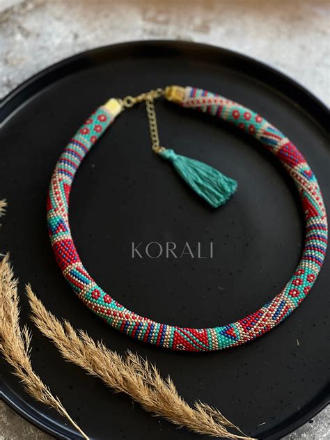 Exclusive Bead Crochet Necklace Turquoise Gold Seed Beaded Crochet Rope