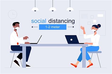 노트북 컴퓨터에서 일하는 젊은 남성과 여성 온라인 작업 바이러스 확산 및 독감 예방 코로나 바이러스 개념 플랫 벡터 일러스트에서 방지하기 위해 사회적 거리를 유지 2019