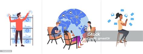 노트북 소셜 미디어 통신 개념을 사용하여 사업자 설정 컬렉션 비즈니스 사람들이 온라인 컴퓨터 응용 프로그램 평면 전체 길이 수평 채팅 가상현실에 대한 스톡 벡터 아트 및