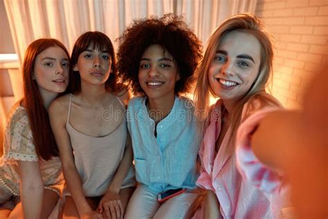 Girls Look At Camera While Take Photo Or Selfie Stock Image Image Of