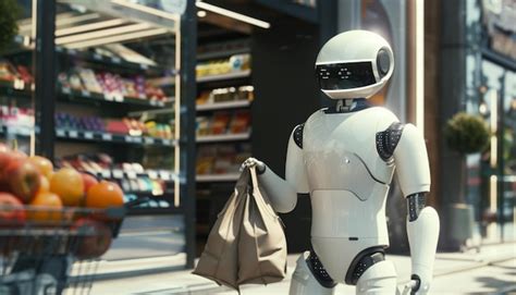 Friendly Robot Shopping Assistant Carrying Bags In Supermarket Aisle