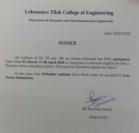 Extc Department Notice Regarding Attendance Criteria For The