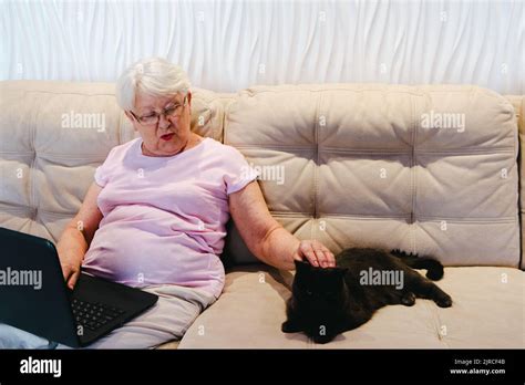 Happy Elderly Woman Using Laptop Computer At Home Senior Mature Older Woman Watching Business