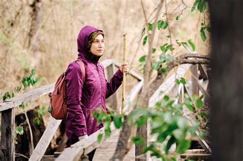 숲에서 배낭과 재킷 하이킹을 한 여성이 다리에서 멈 춥니 다 35 39세에 대한 스톡 사진 및 기타 이미지 35 39세 가방 걷기 Istock