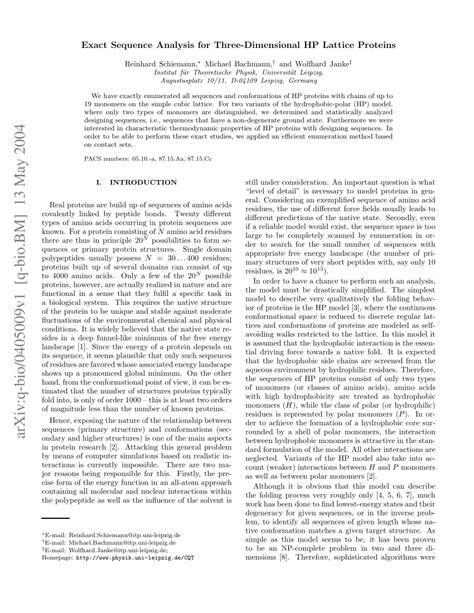 Pdf Exact Sequence Analysis For Three Dimensional Hp Lattice Proteins