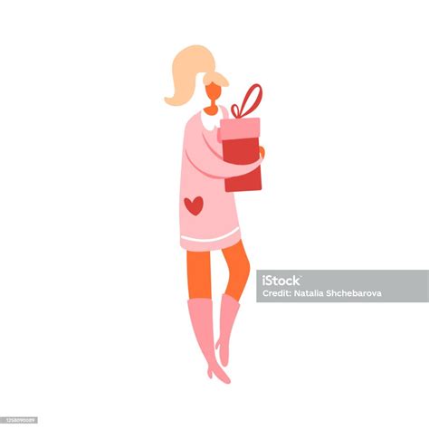 평평한 만화 소녀 또는 여자가 서서 축하를 준비하는 활과 선물 상자를 들고 벡터 그림입니다 겨울에 대한 스톡 벡터 아트 및 기타