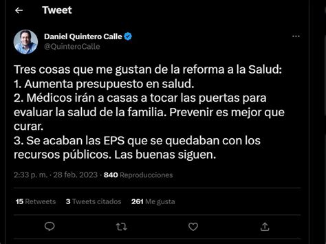 Daniel Quintero Y Su Respaldo A La Reforma A La Salud “acaban Las Eps