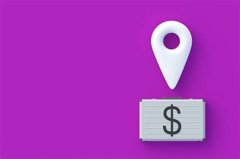 Gps 기호 근처에 달러 기호가있는 가방 Atm의 배치 대출 재정 지원 발행 장소 돈 위치 공간을 복사합니다 맨 위 보기입니다