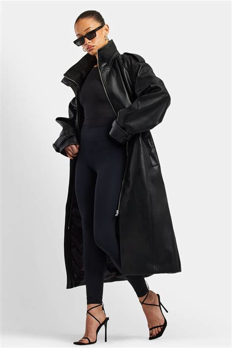 Ladies Faux Leather Trench Coat Black Womens Outerwear Shop