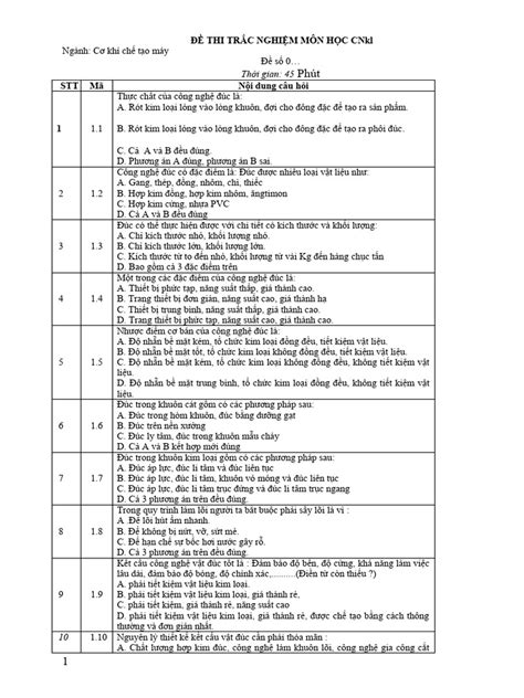 123doc De Thi Trac Nghiem Mon Cong Nghe Kim Loai Pdf