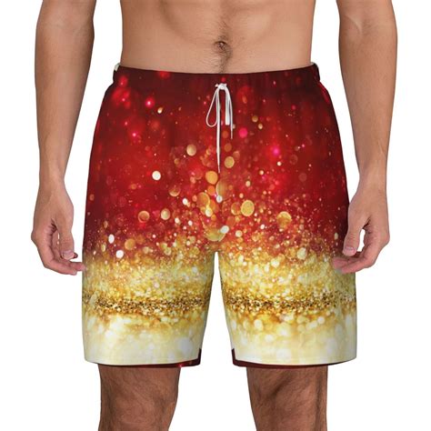 Gaeub Red Gold Glitter Mens Swim Trunks Stretch Beach Shorts Quick Dry For Men Swim Shorts