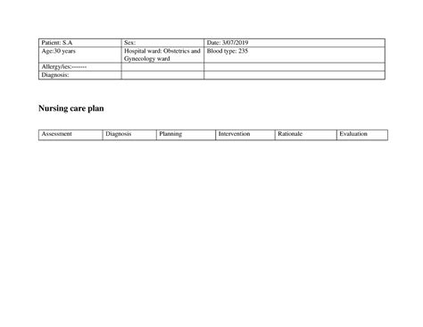Assignment Nursong Patient S Sex Date Age Years Hospital Ward Obstetrics And