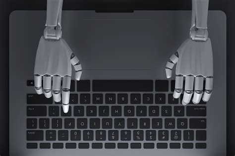 컴퓨터 키보드 위에 매달려 있는 로봇 손 3d 일러스트레이션 로봇에 대한 스톡 사진 및 기타 이미지 로봇 손 컴퓨터