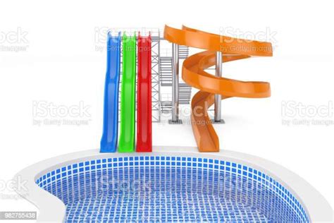 다채로운 Aquapark 물 슬라이드 블루 야외 물 수영장 사다리와 함께 근처 3 차원 렌더링 건설 산업에 대한 스톡 사진 및 기타 이미지 Istock