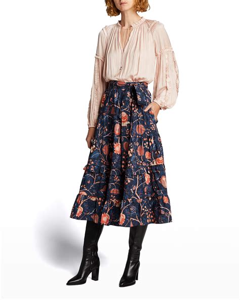 Ulla Johnson Fernanda Tiered Printed Cotton Midi Skirt Neiman Marcus