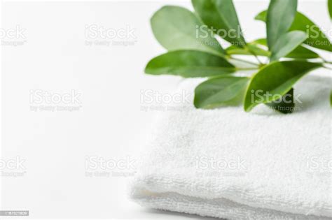 욕실에서 접힌 깨끗한 흰색 푹신한 테리 타월 그린 하우스 공장 여성용 베이비 위생 세탁 바디 케어 웰니스 스파 릴렉스 컨셉