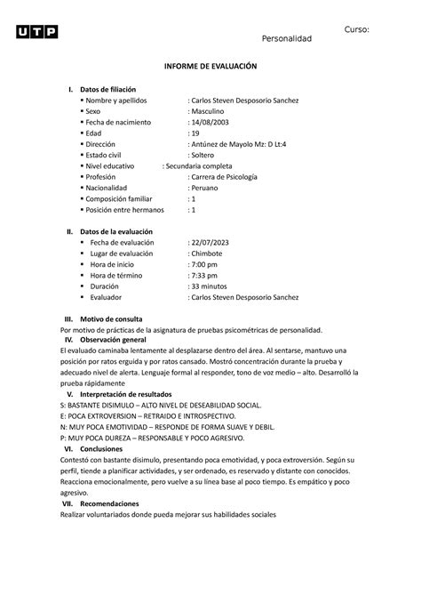 Formato De Informe De Evaluación Personalidad Curso Personalidad