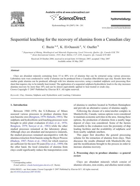 Sequential Leaching For The Recovery Of Alumina From A Canadian Clay Pdf Aluminium