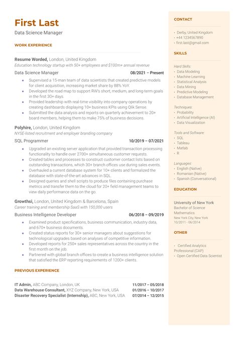 Data Science Manager Resume Example For 2023 Resume Worded