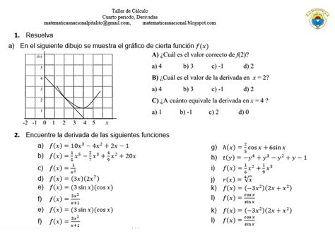MATEMÁTICAS I E M NACIONAL PITALITO Taller de Derivadas
