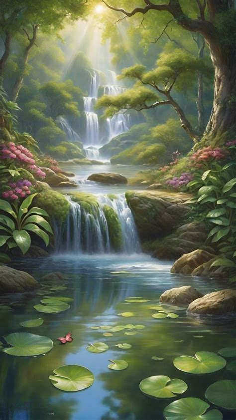 Pin By Cinderella Tran On Postcards Waterfall Paintings Dreamy