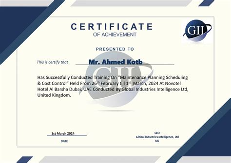 Certificate Of Achievement For Conducting The Maintenance Planning
