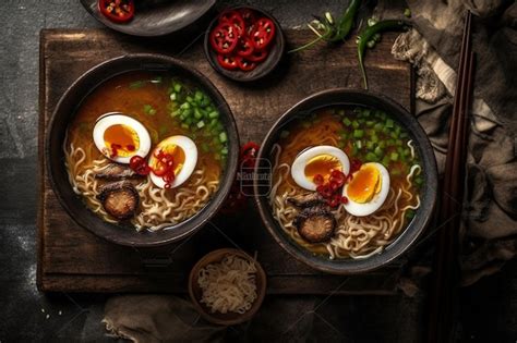 Premium Ai Image Two Bowls Of Ramen With A Hard Boiled Egg On Top