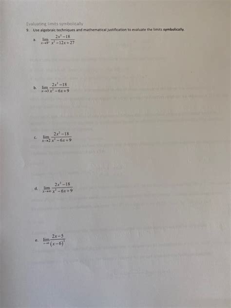 Solved Evaluating Limits Symbolically 9 Use Algebraic