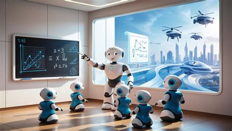 Futuristic Classroom Scene Robot Teaching Smaller Robots In Advanced
