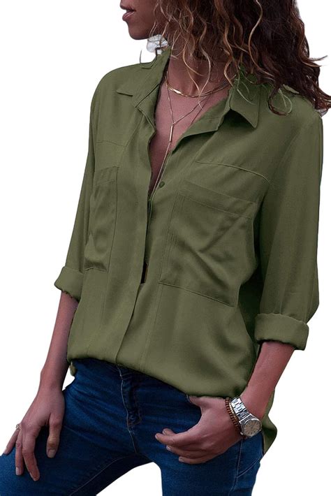 Misslook Womens Button Down Shirts Roll Up Sleeve Blouse V Neck Casual