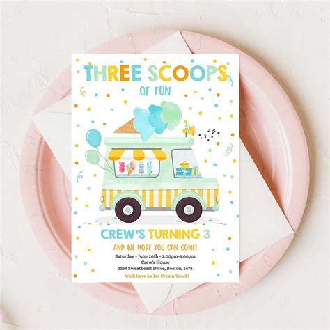 Editable Ice Cream Truck Three Scoops Of Fun 3rd Birthday Party
