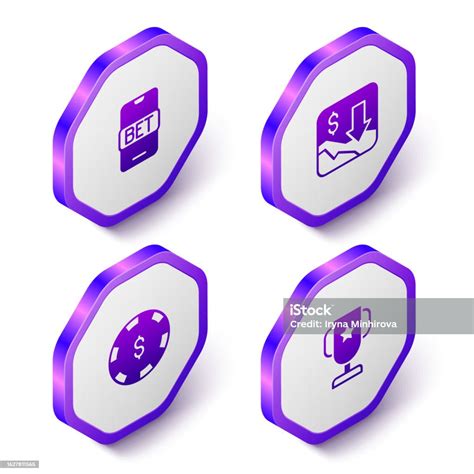 아이소메트릭 온라인 스포츠 베팅 재무 성장 감소 달러 및 포커 트로피 컵 아이콘이 있는 카지노 칩을 설정합니다 보라색 육각형 버튼 벡터 3차원 형태에 대한 스톡 벡터 아트