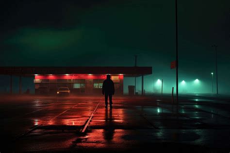 Man Standing In Front Of The Shop In The Middle Of Nowhere At Midnight