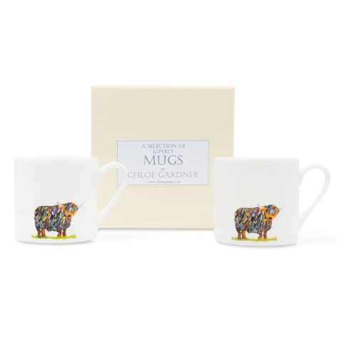 Chloe Gardner Coffee Espresso Mugs Gift Set Bright Highland Cow