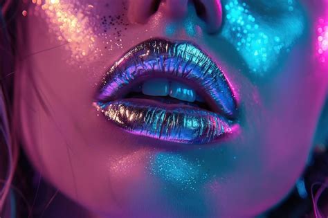 Premium Photo Fashion Model With Metallic Silver Lips In Neon Lights