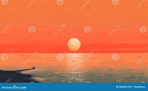 Minimalistic Illustration Of An Orange Sunset Over Water Stock
