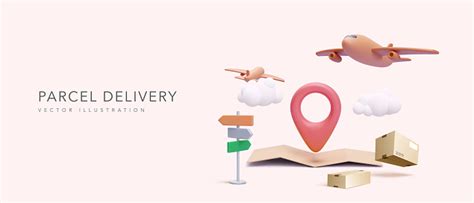 비행기 지도 소포가 있는 3d 현실적인 스타일의 빠른 배달 소포 서비스 개념 벡터 그림 3차원 형태에 대한 스톡 벡터 아트 및 기타 이미지 Istock