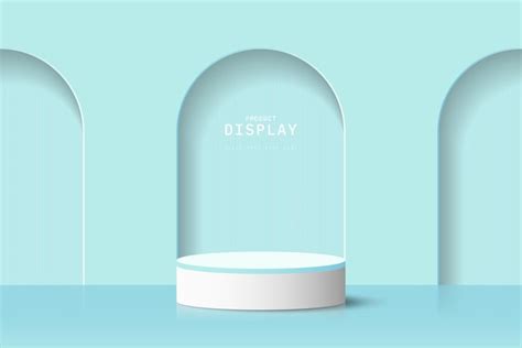 색 파란색 3d 실린더 포디움 피데스텔 3개의 아치 문 배경 앞에 현실적으로 배치되었습니다 프리미엄 벡터