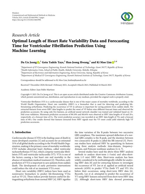 Pdf Optimal Length Of Heart Rate Variability Data And Forecasting Time For Ventricular