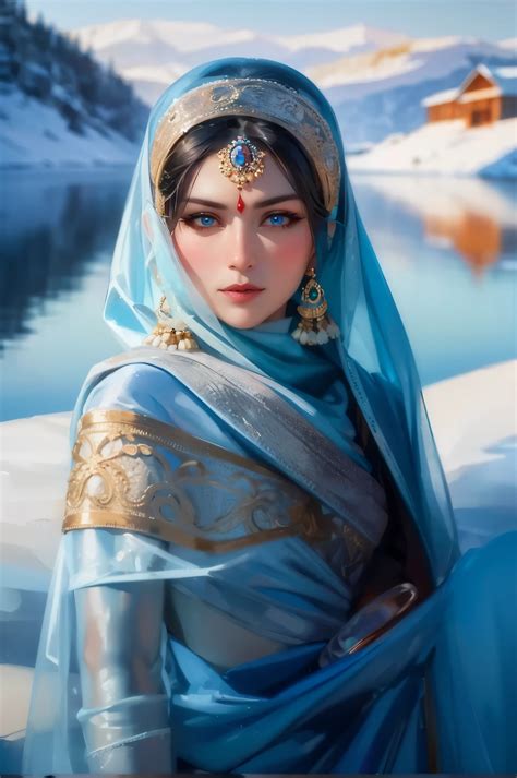 A Woman In A Blue Sari Sitting On A Snowy Surface Seaart Ai