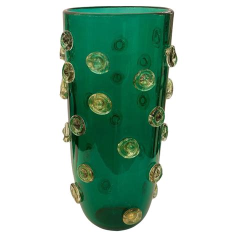 Hand Blown Topaz Murano Glass Vase With Gold Leaf Infused Raised Dot