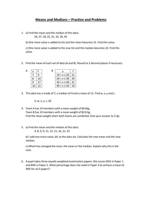 Mean And Median Problems And Practice Teaching Resources